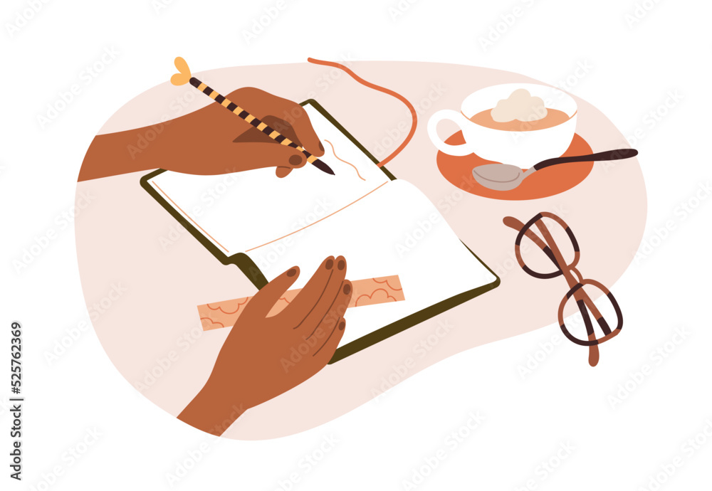 Hand writing note, plan in paper notebook, personal diary with coffee ...