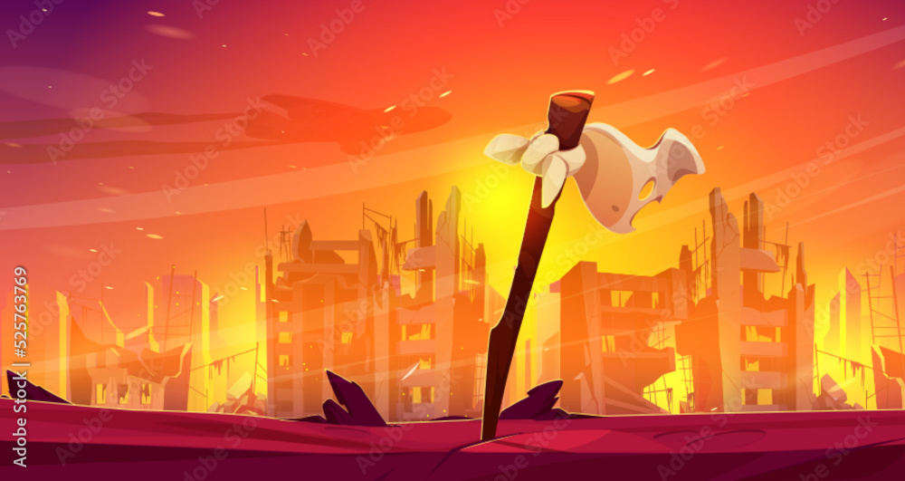 Vetor de White flag at burning city background with ruins in fire, war ...