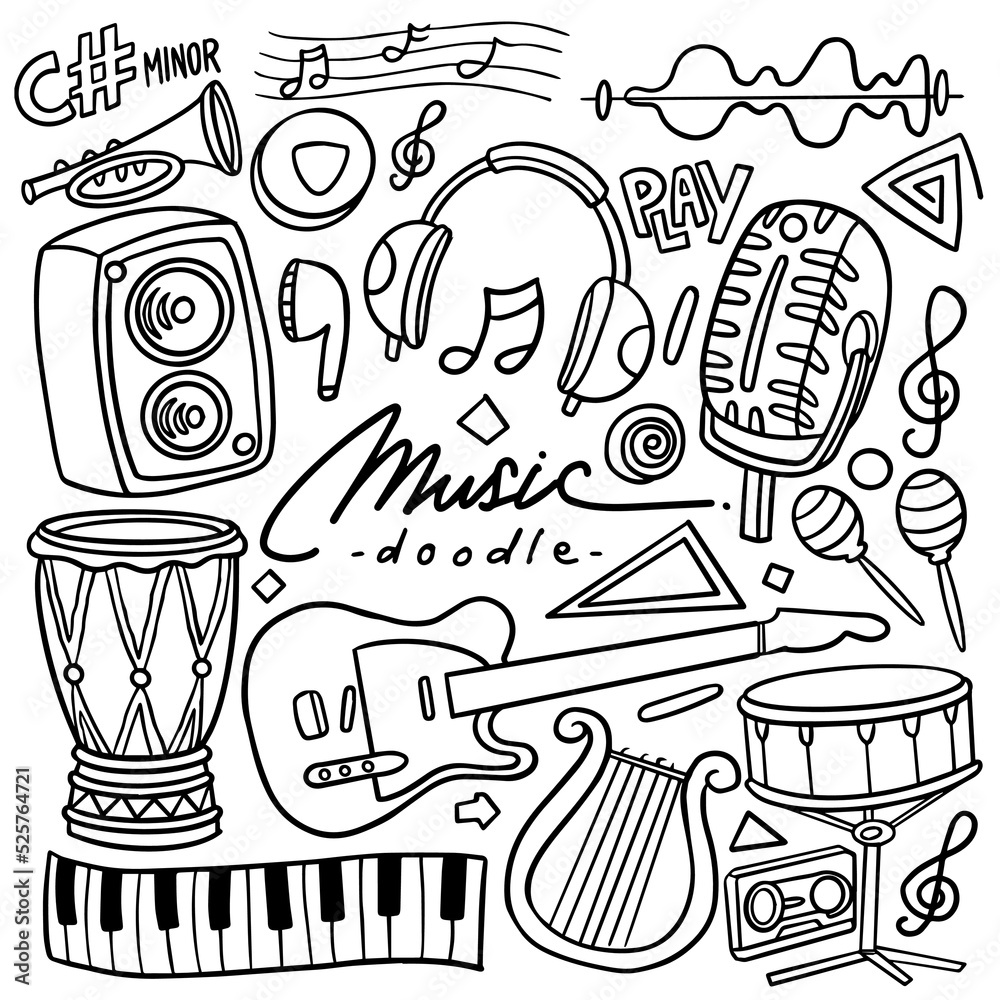 Set of hand drawn music theme isolated on white background, doodle set ...