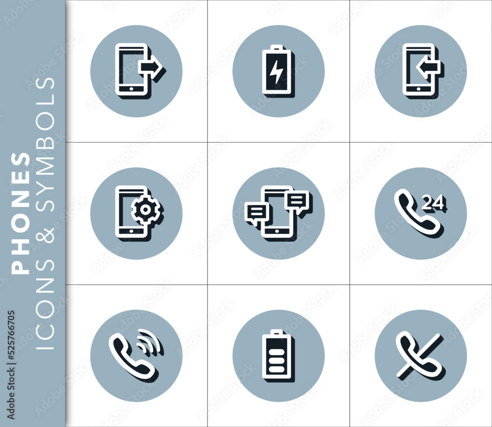 Icons and symbols set related to phones and smartphones with shadow on ...