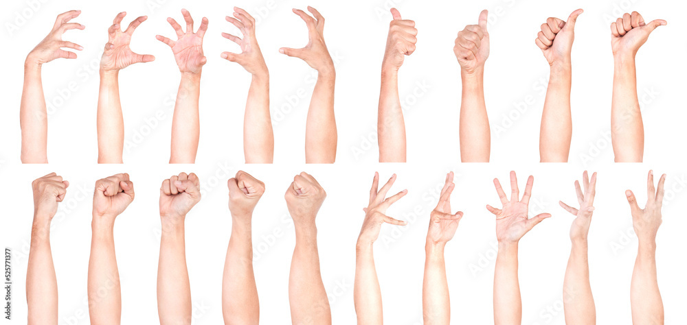 Multiple Male Caucasian hand gestures isolated over the white ...