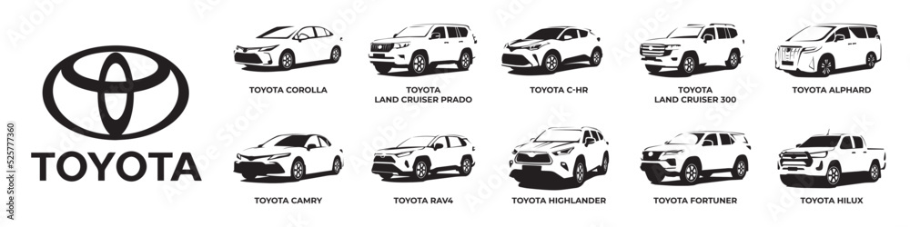 Vector silhouettes of Toyota brand cars, repair vector de Stock | Adobe ...