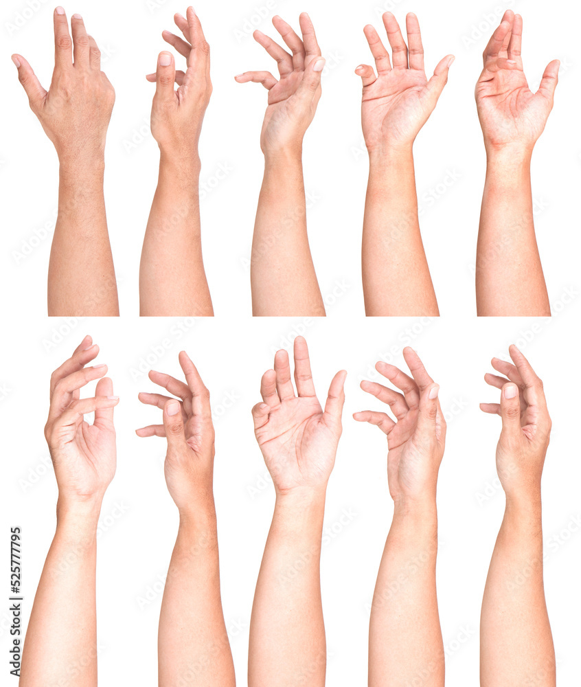 Multiple Male Caucasian hand gestures isolated over the white ...