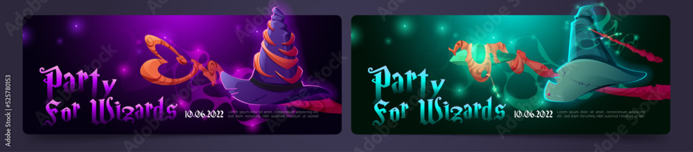 Wizard party banners with magic staff, wand and magician hat. Vector ...