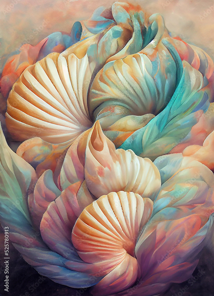 Shells, petals and feathers digital painting with texture and gradient ...