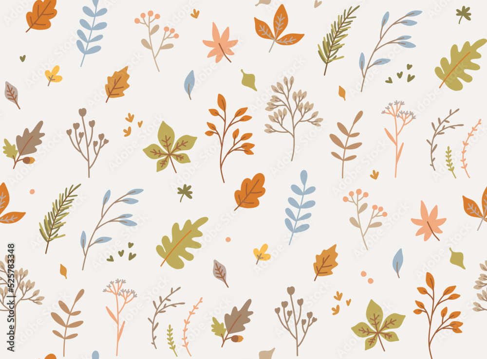 Fall seamless pattern of twigs with leaves, foliage, berries. Cute and ...