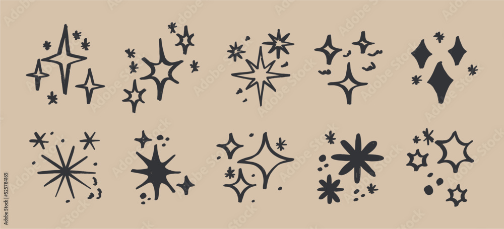 Shiny stars on a light background, Boho style. Set of hand drawn ...