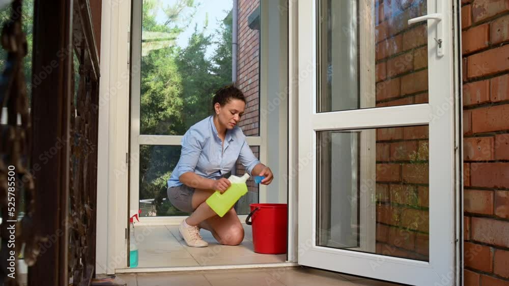 Pretty woman, lovely housewife, homemaker, maid pouring cleaner ...