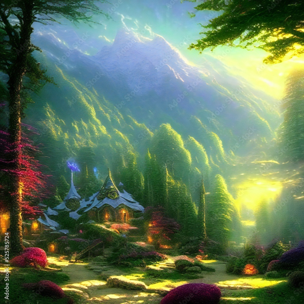 Magical fantasy landscape with cottage, pine trees forest and mountains ...