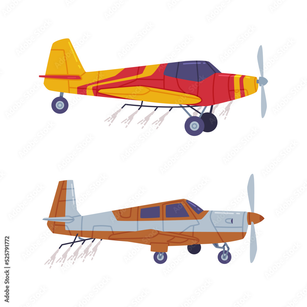 Vetor de Agricultural airplanes. Retro biplanes spraying pesticides and ...