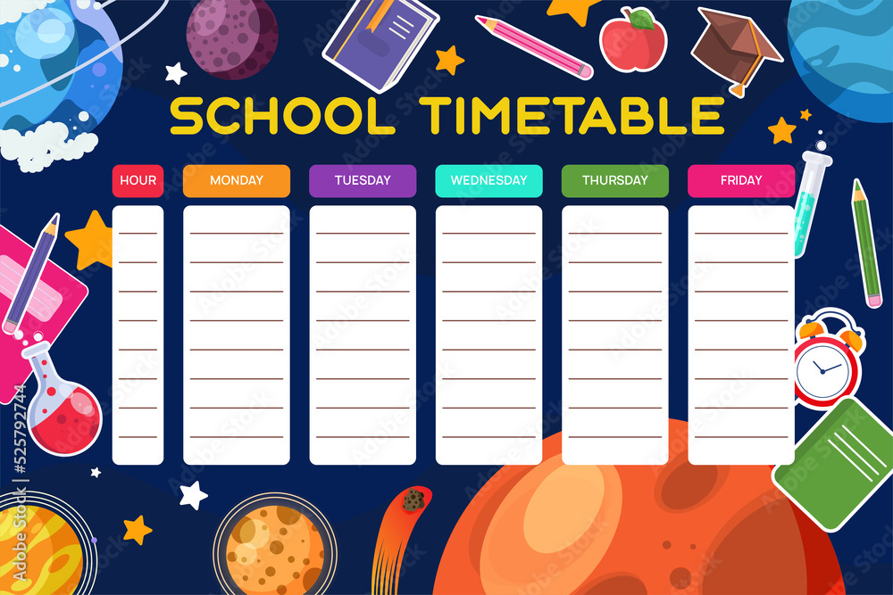 School timetable. Schedule for kids. Student plan template on checkered ...