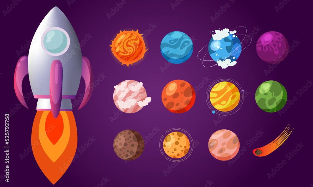 Earth, alien planets and asteroids in outer space with stars. Vector ...