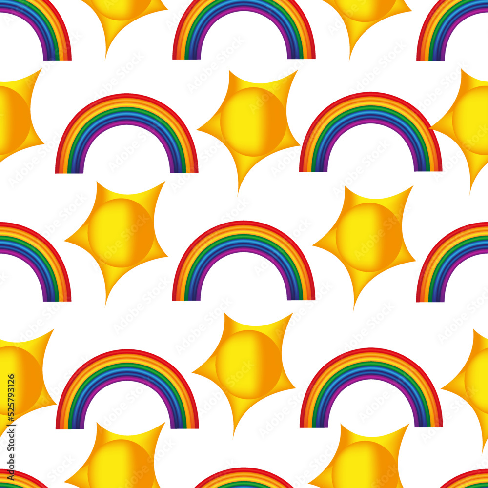 Beautiful colorful rainbow with sun and sun rays on white background ...