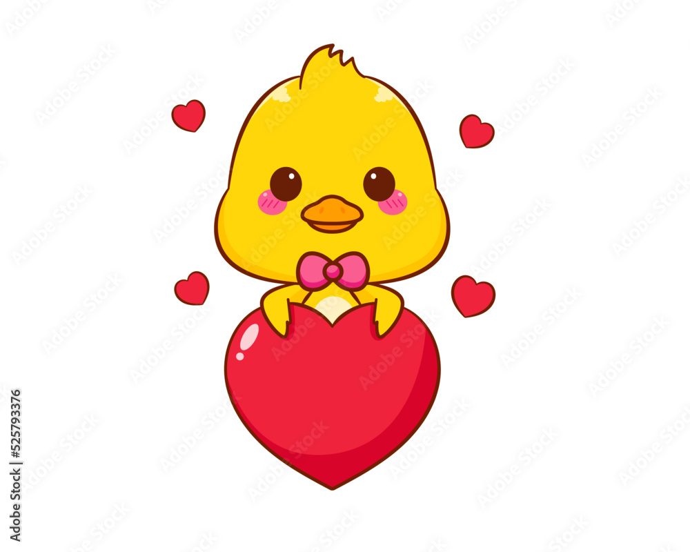 Cute little duck with big love heart cartoon character isolated white ...