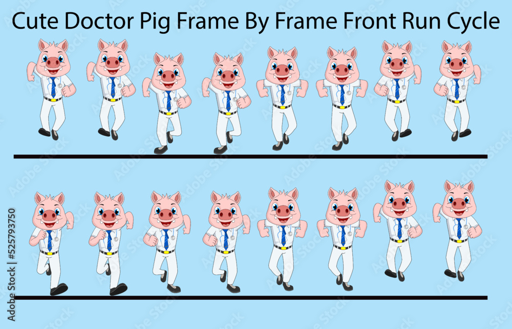Cute Pink Doctor Pig Frame by Frame Front Run Cycle Vector Illustration ...