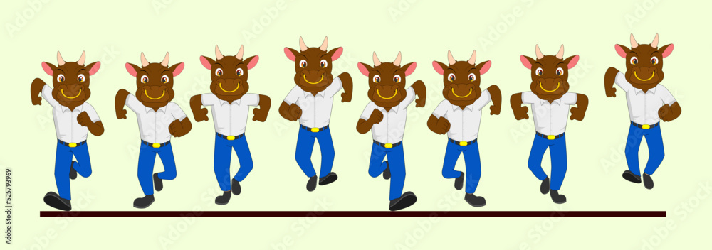 Cartoon bull as a School kid, Frame by Frame Front run cycle. Can be ...