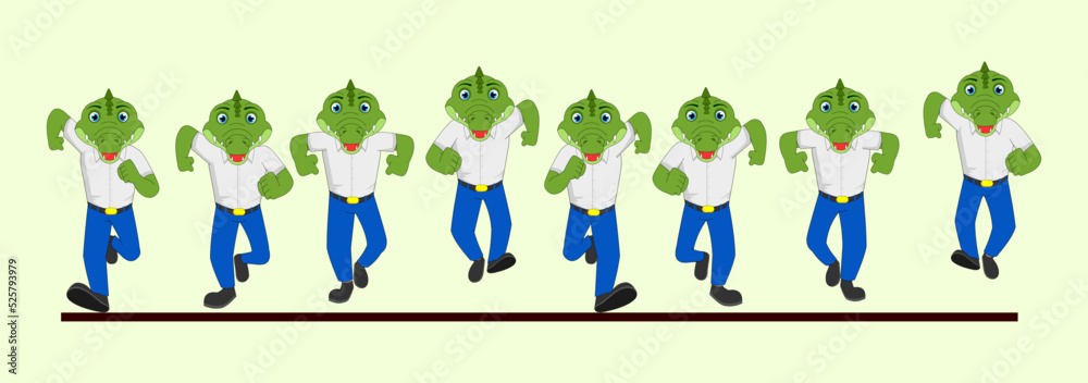 Cartoon crocodile in school dress front run cycle pose to pose animated ...