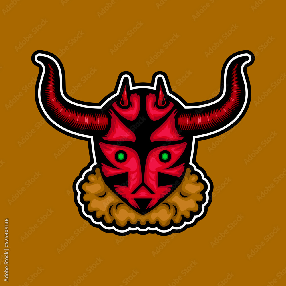 red devil bull illustration. with horn and green eyes. handrawn, mascot ...