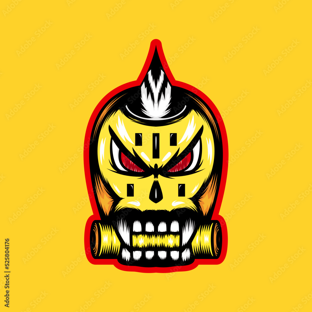 yellow devil illustration with horn, red eyes and fangs. red and yellow ...