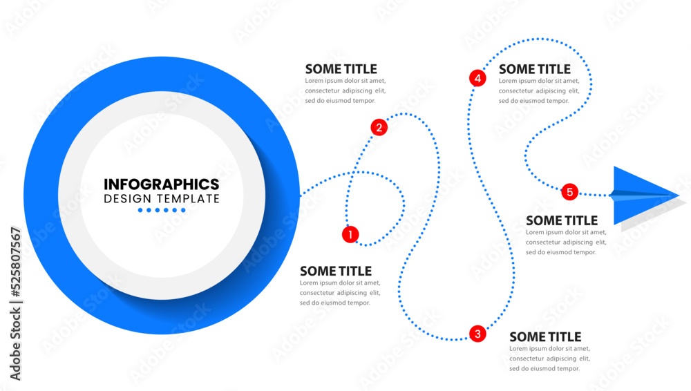Infographic template. Paper plane with blue line and 5 steps Stock ...