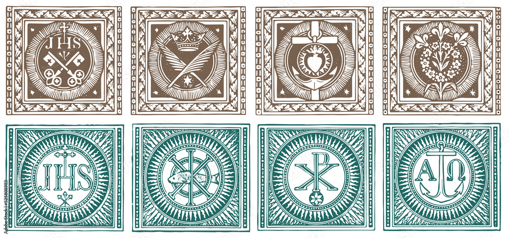 Catholic Symbols vector set of 4, vintage engraving. Catholic symbolism ...
