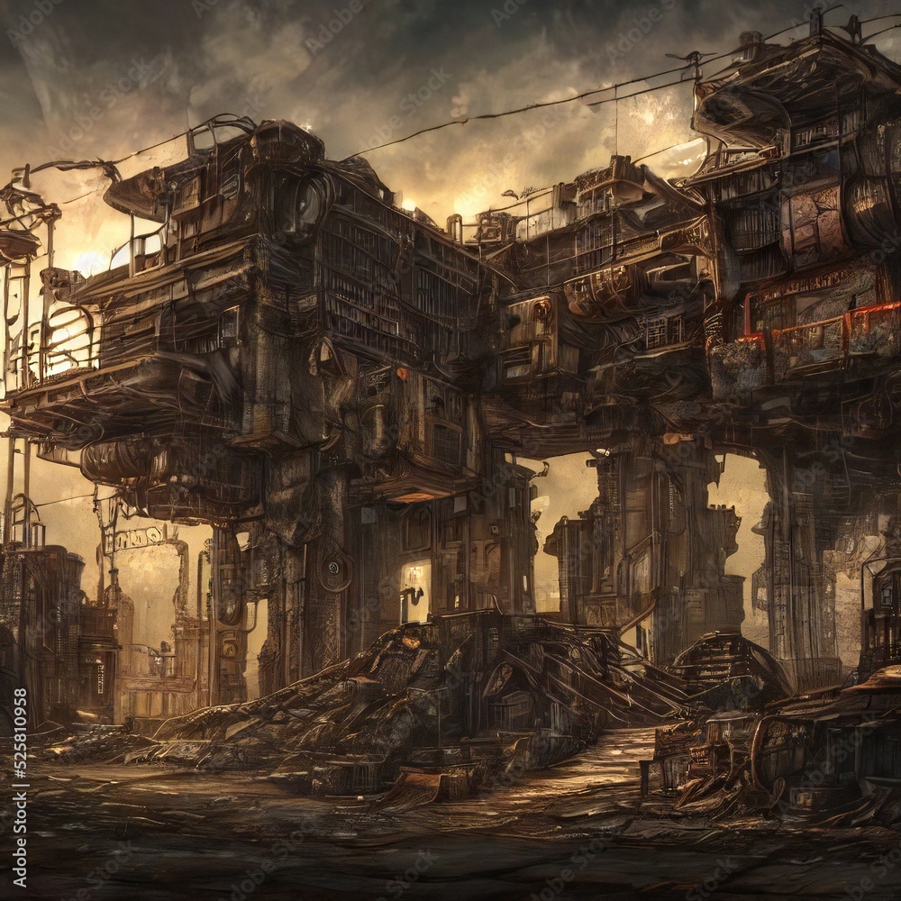 Nuclear apocalyptic industrial sci-fi concept art with buildings made from scrap metal. Science ...