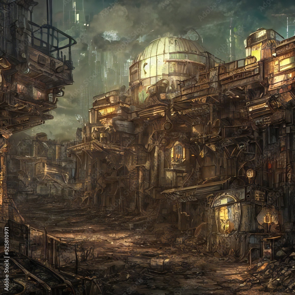 Nuclear apocalyptic industrial sci-fi concept art with buildings made ...