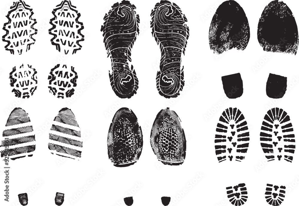 Set of scanned and converted into vector images double footprints, men ...