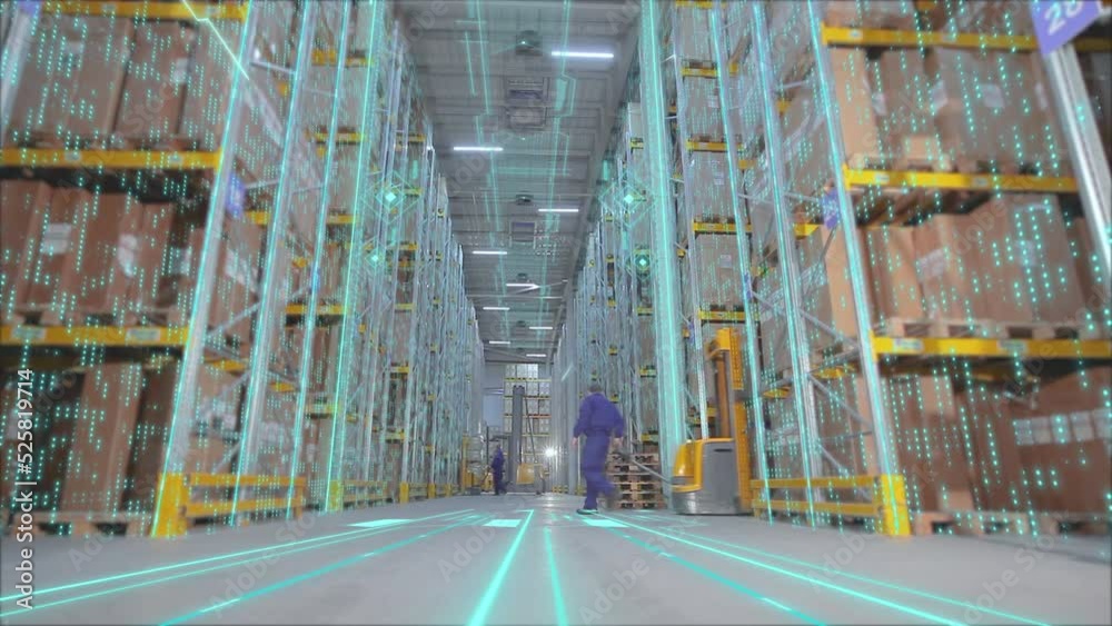 Futuristic concept of a modern warehouse time lapse. Visualization of a ...