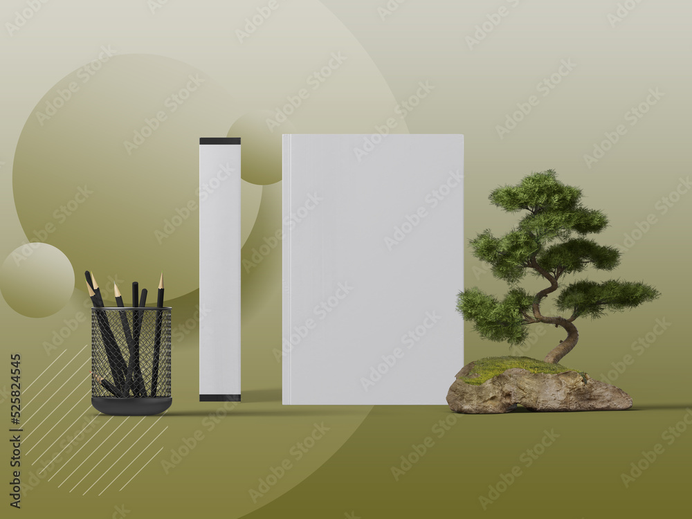 Mockup for book cover and scene with pencils and tree, 3d Illustration ...