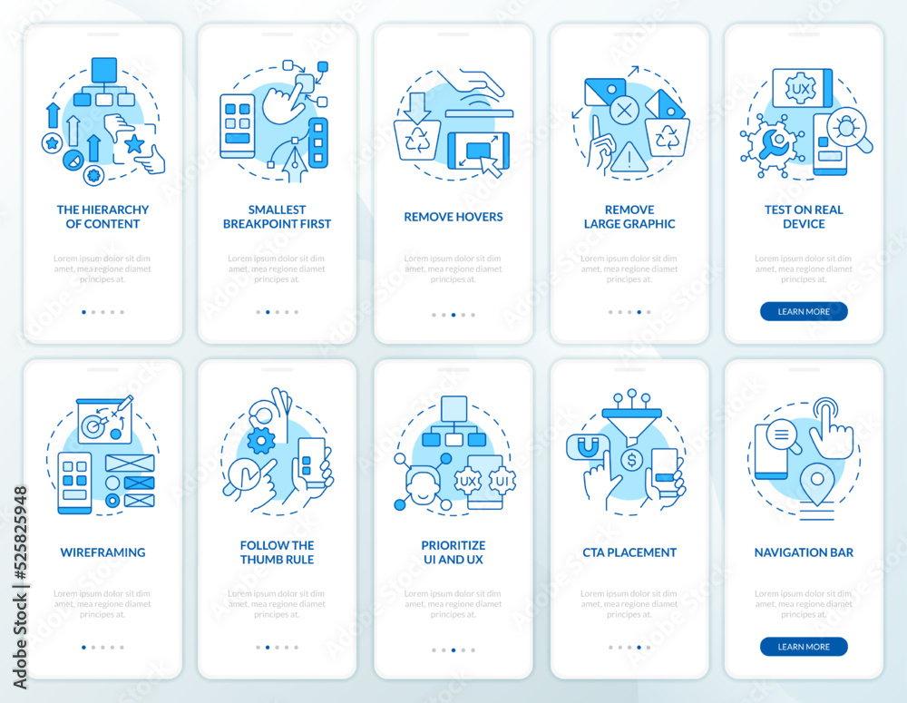 Mobile first design blue onboarding mobile app screen set. Walkthrough ...