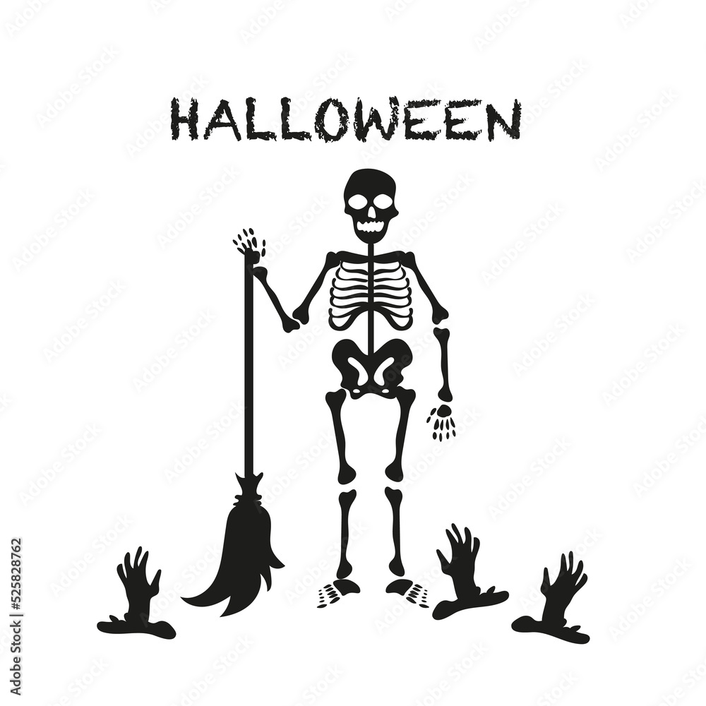 Silhouette Skeleton Holding Broom and Hands Climb Out of the ground for ...