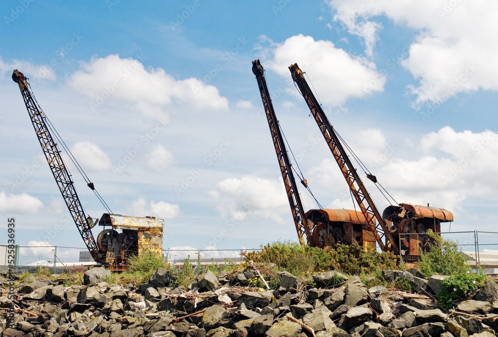 Belfast shipyards, Northern Ireland. Vintage steam powered cranes ...