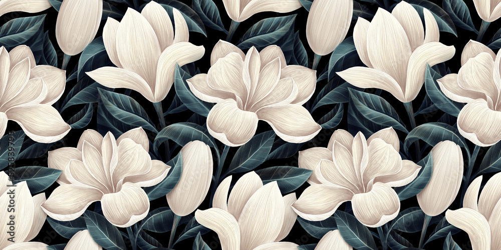 Premium wallpaper, mural art. Floral seamless pattern, magnolia flowers ...