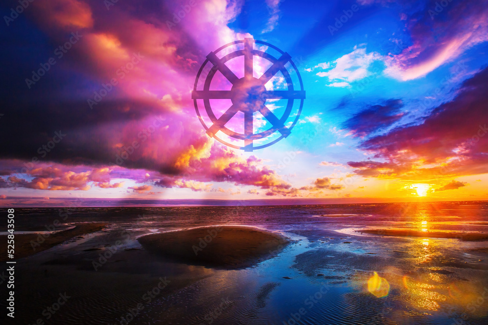 Dharmachakra at sunset background. Wallpaper on theme of Buddhism ...