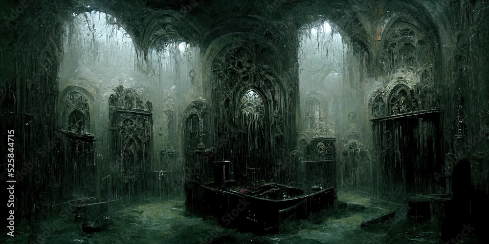 Scary alien big hall or chamber, very dark with arches, some light from ...