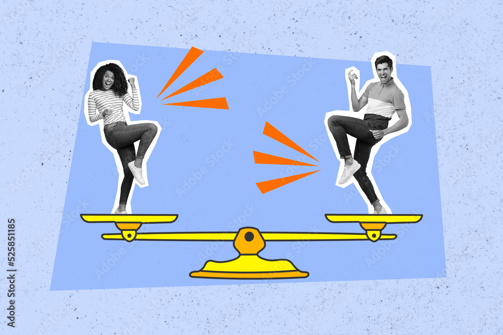 Gender equality win concept collage of two people lady guy weighing ...
