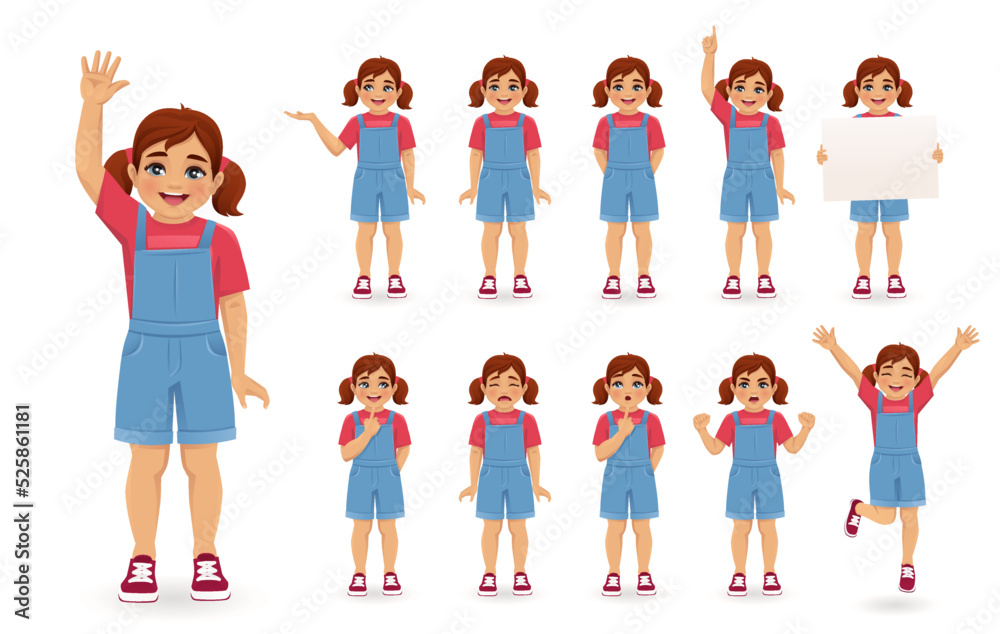 Smiling cute little girl in different poses set. Various kid gestures ...