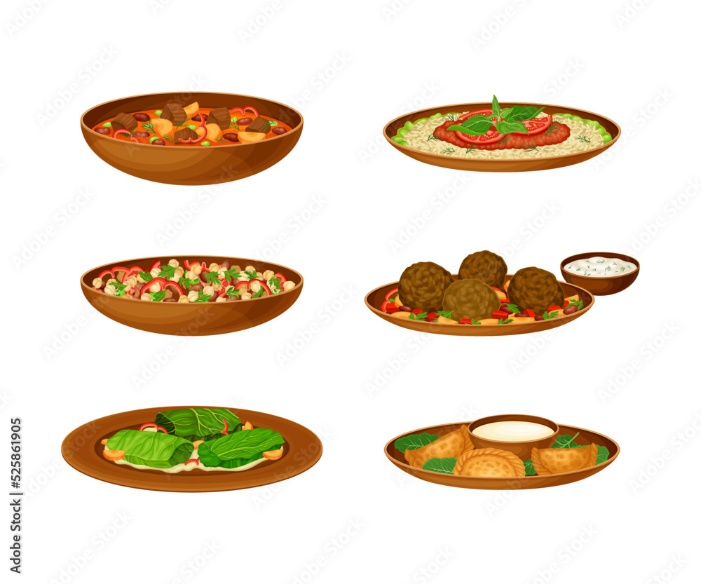 Arabic cuisine traditional food dishes set cartoon vector illustration ...