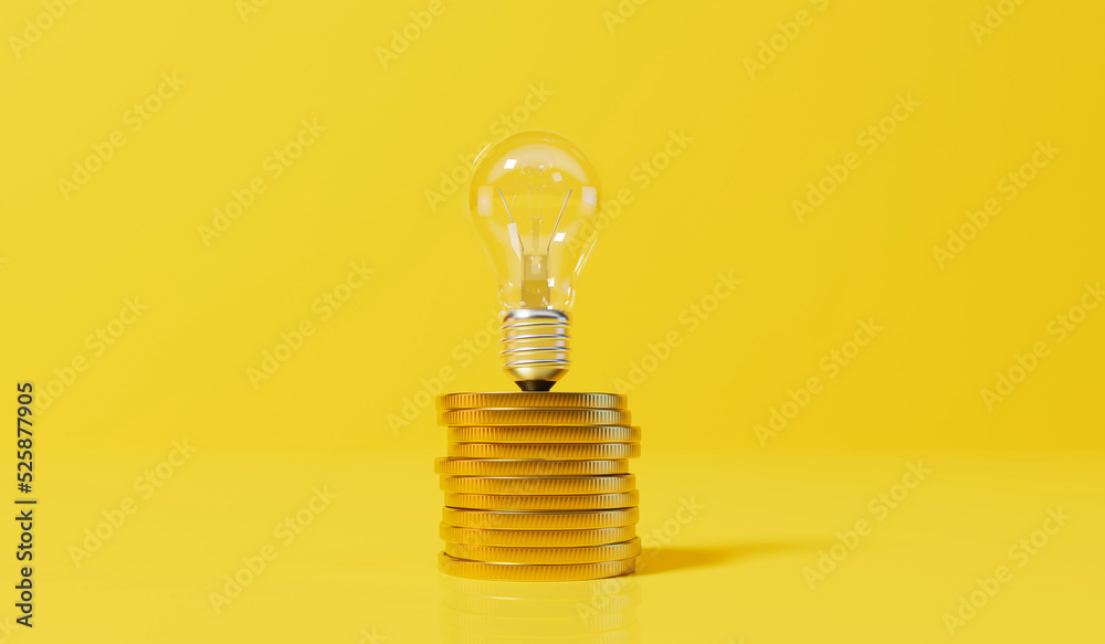 Rising energy cost concept. Light bulb on top of a stack of gold coins ...