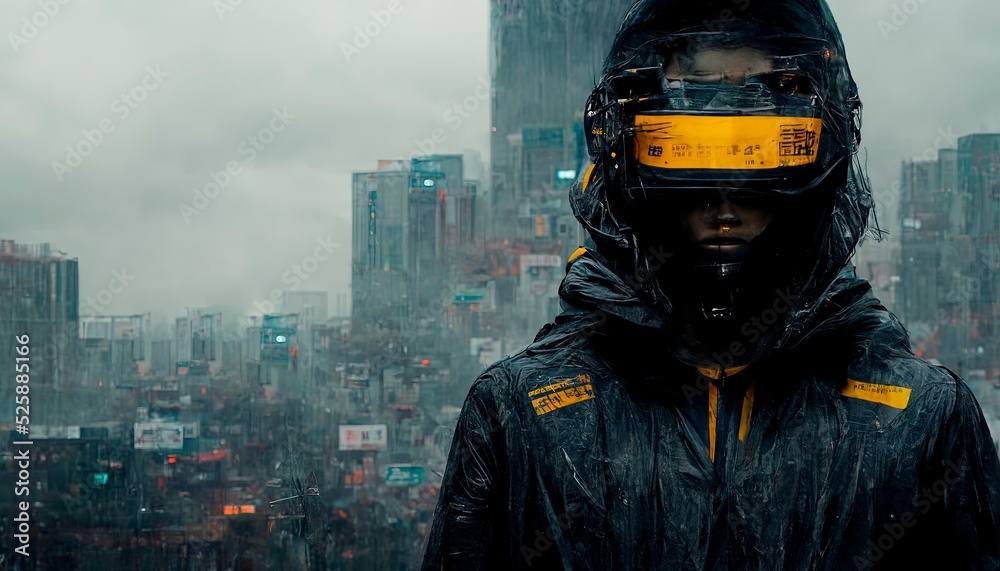 Portrait of a man in a futuristic cyberpunk style in a cyber suit. A ...
