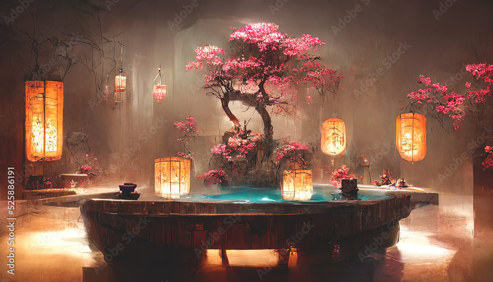 Fantasy Japanese landscape spa. Japanese hot springs, ancient ...