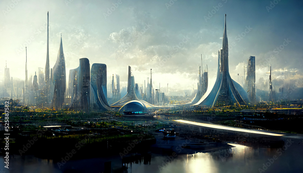 view of the futuristic city on alien planet, digital painting, concept ...