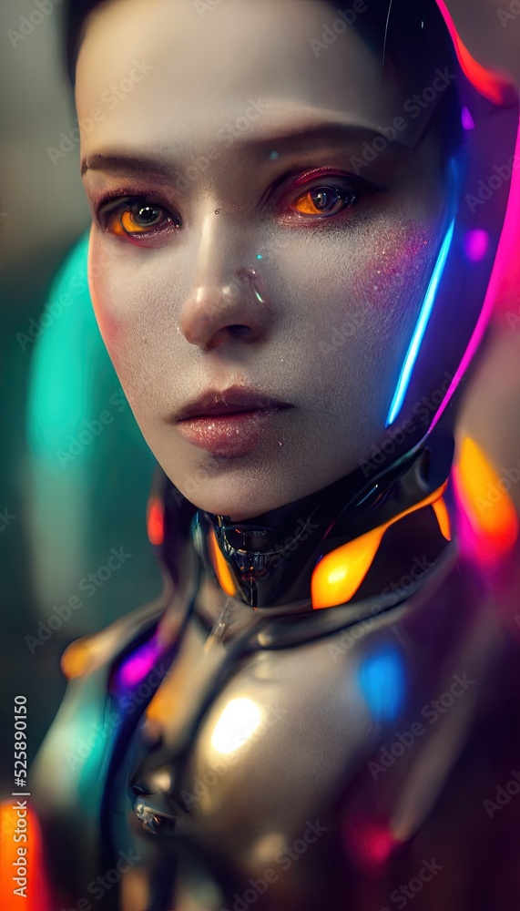 Portrait of a girl in a futuristic cyberpunk style in a cyber chrome ...
