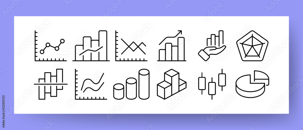 Statistics set icon. Grapf, bar chart, growth, decline, data analysis ...