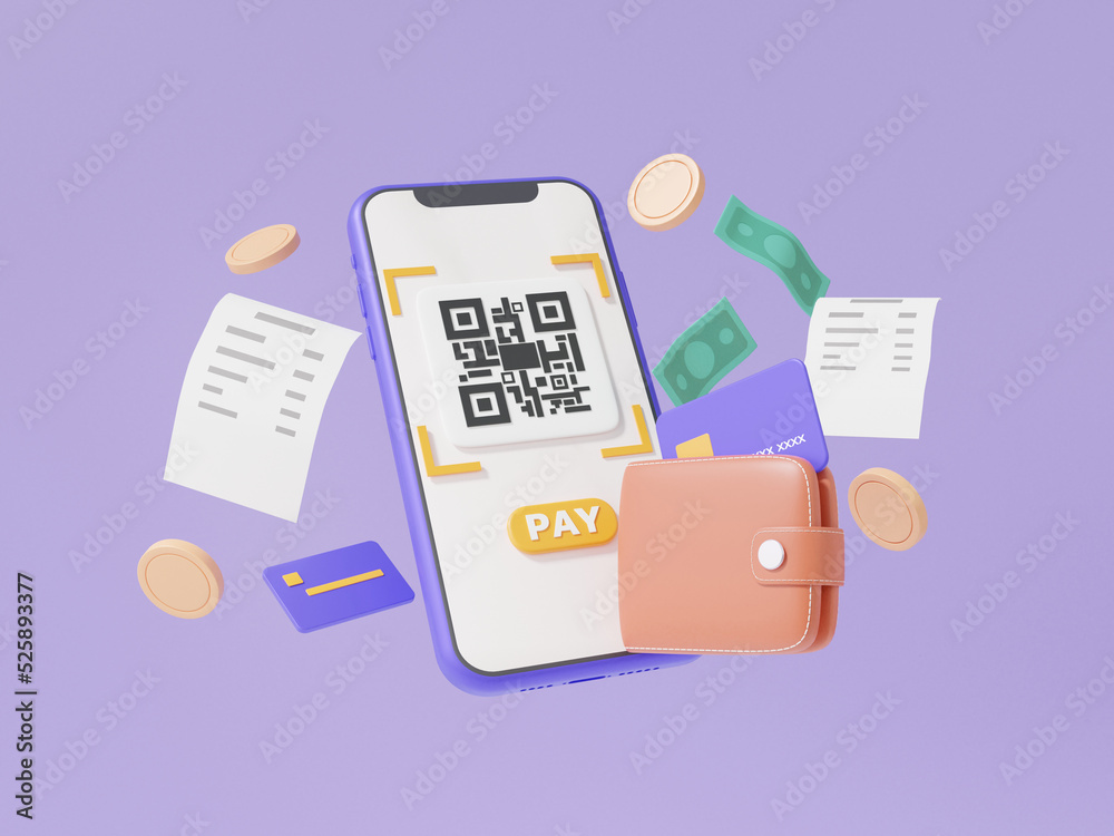 3d rendering QR code scanning via mobile phone with bill coin floating ...