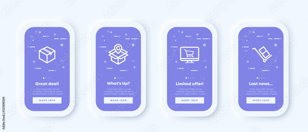 Packaging boxes set icon. Pack, delivery address, map pointer, online ...