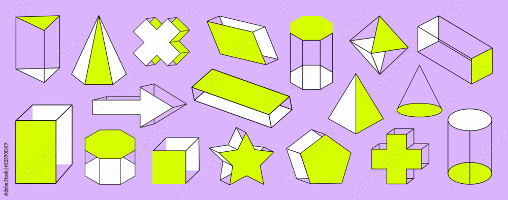 Set of geometric shapes: cone, triangular prism, star, arrow ...