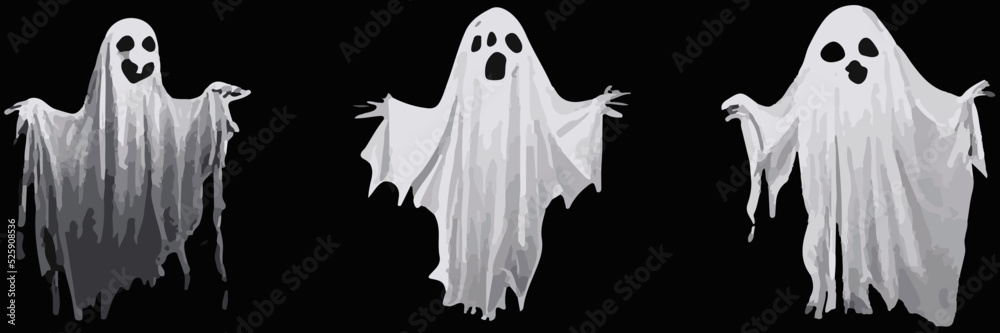 Creepy Halloween background with flying ghosts on black background ...