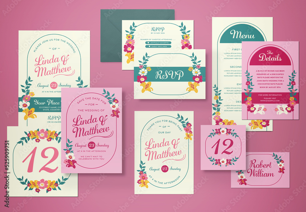 Pink Botanical Wedding Invitation Set Layout Stock Template | Adobe Stock